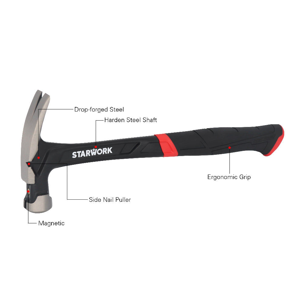 STARWORK 20 oz Hammer with Comfort Grip, Nailing Hammer Steel Head Ste